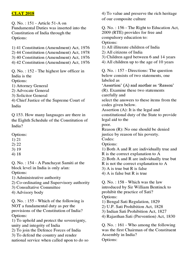 CLAT 2018 Question Paper | PDF | Politics | Social Science