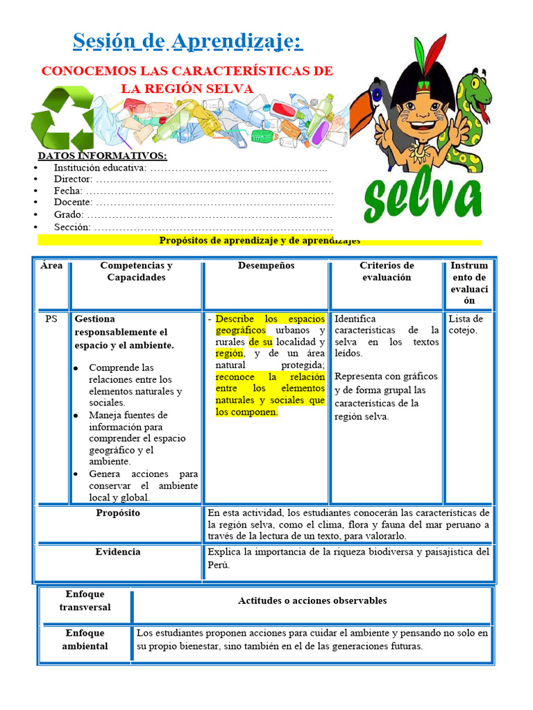 4° SESIÓN DÍA 5 PS CONOCEMOS LAS CARACTERÍSTICAS DE LA REGIÓN SELVA ...