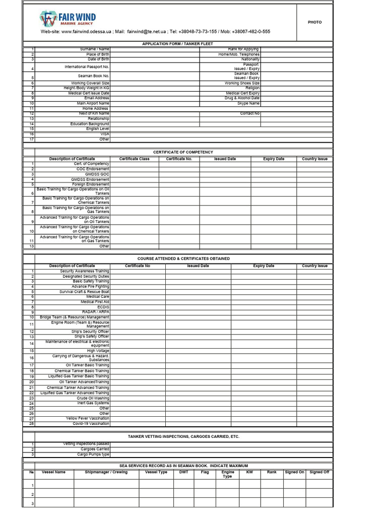 Fair WindApplicationFormTanker | PDF | Oil Tanker | Water Transport