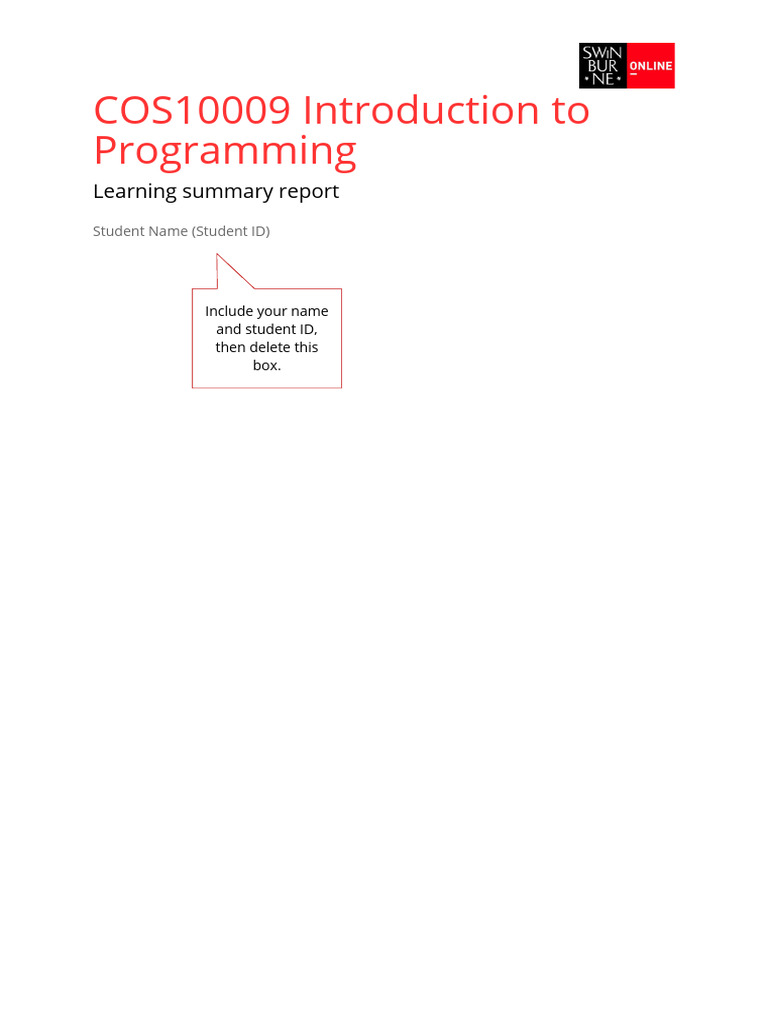COS10009 - Learning Summary Report Template | PDF | Learning | Computer Programming