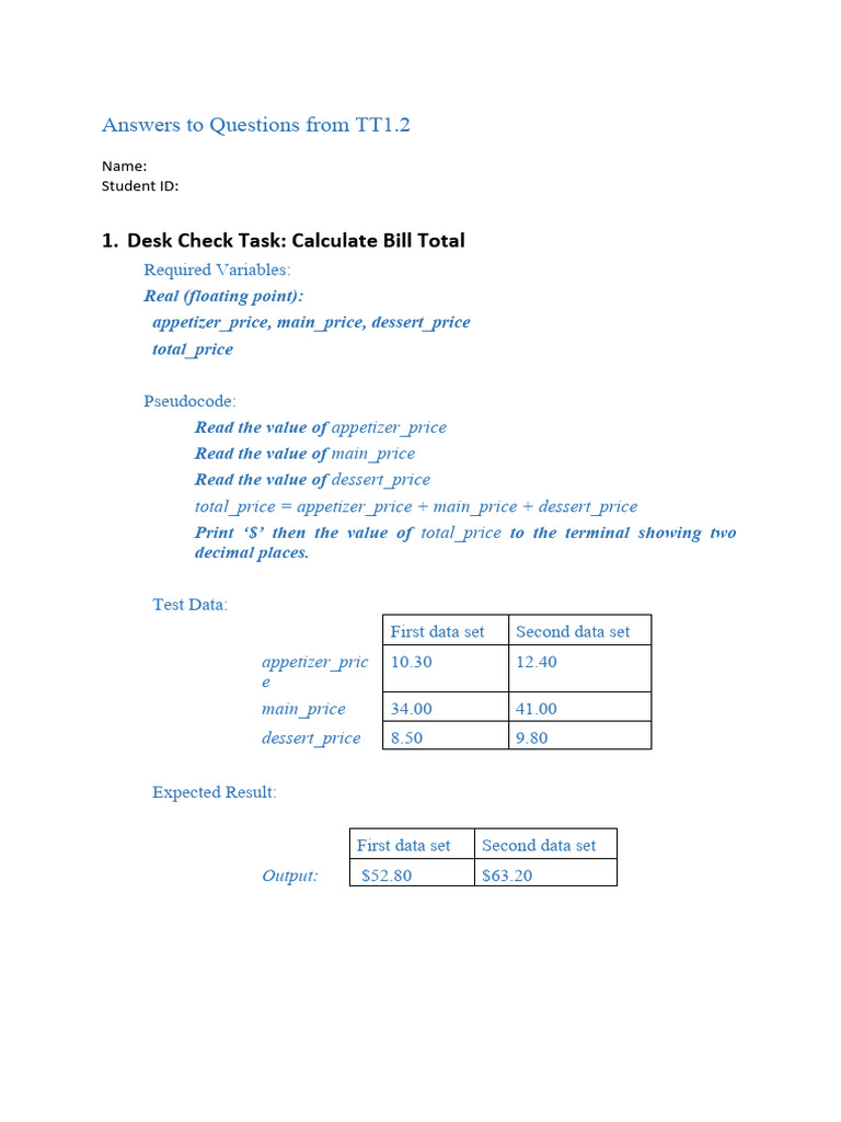 Tutorial Task 1.2 - Answers V2 | PDF | Data Type | Variable (Computer Science)