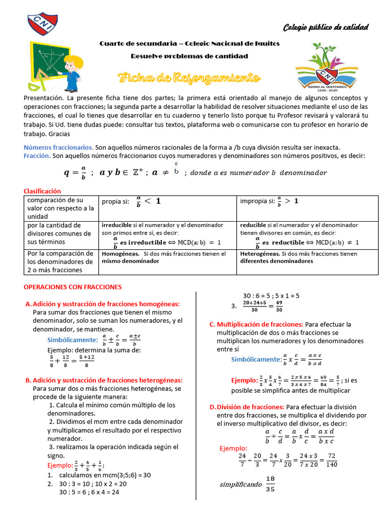 FICHA DE REFUERZO MATEMATICA N°01- 4TO OPERACIONES CON FRACCIONES | Descargar gratis PDF ...