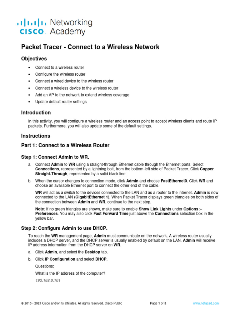 Packet Tracer - Connect To A Wireless Network | PDF | Ip Address | Router (Computing)