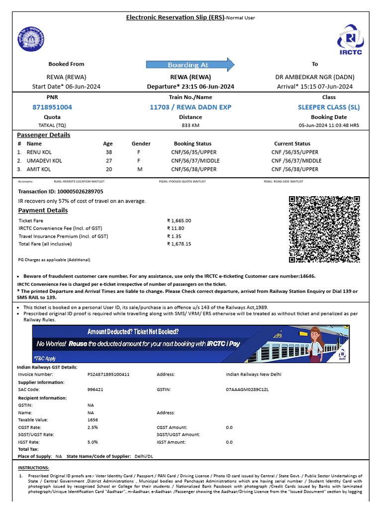 Rewa To Indore 6 | PDF | Identity Document | Payments