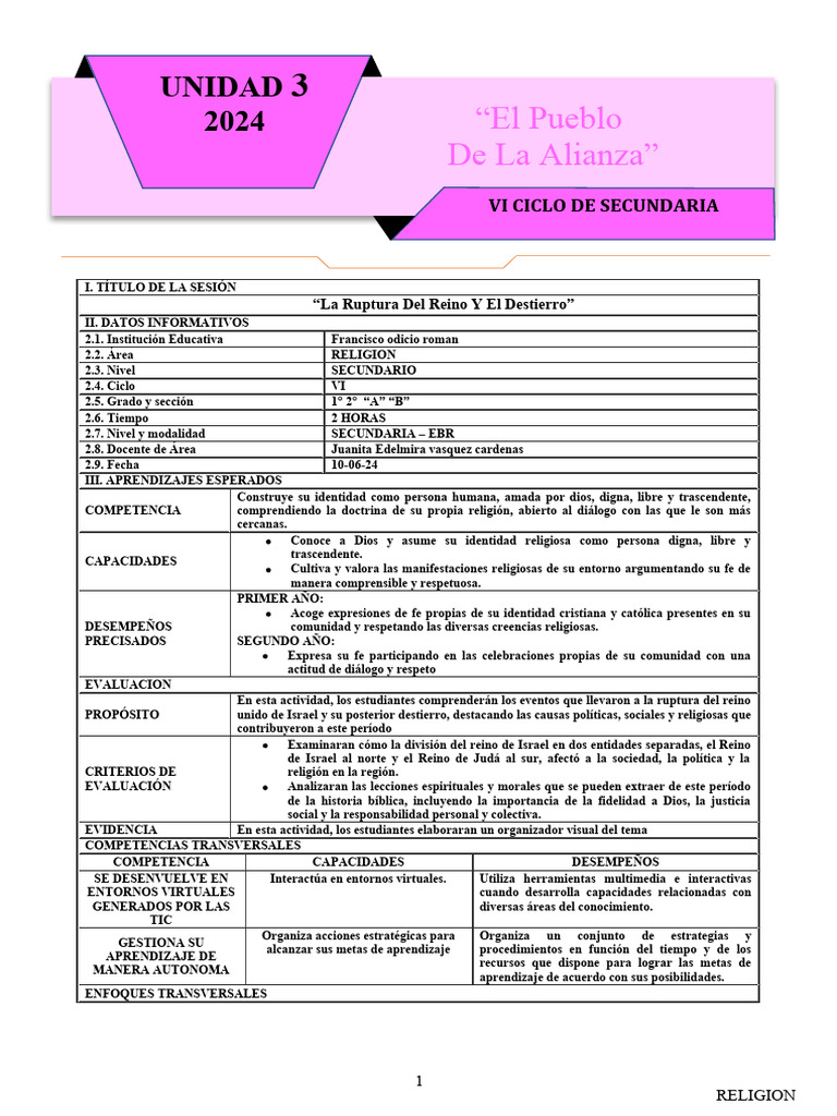 1º 2° Sesion Sem 5 Uni 3 - Religion 2024 | PDF | Aprendizaje | Evaluación