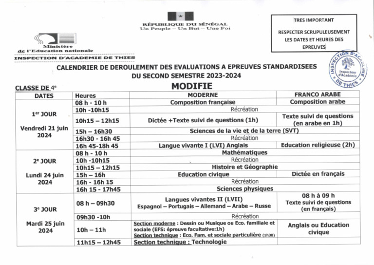 Calendrier Composition Second Semestre Classe de 4e_2023 2024 | PDF