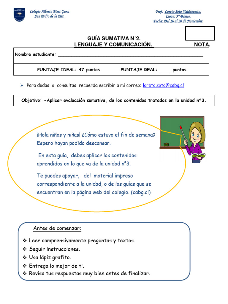 Evaluación Sumativa Lenguaje 3° Básico | PDF