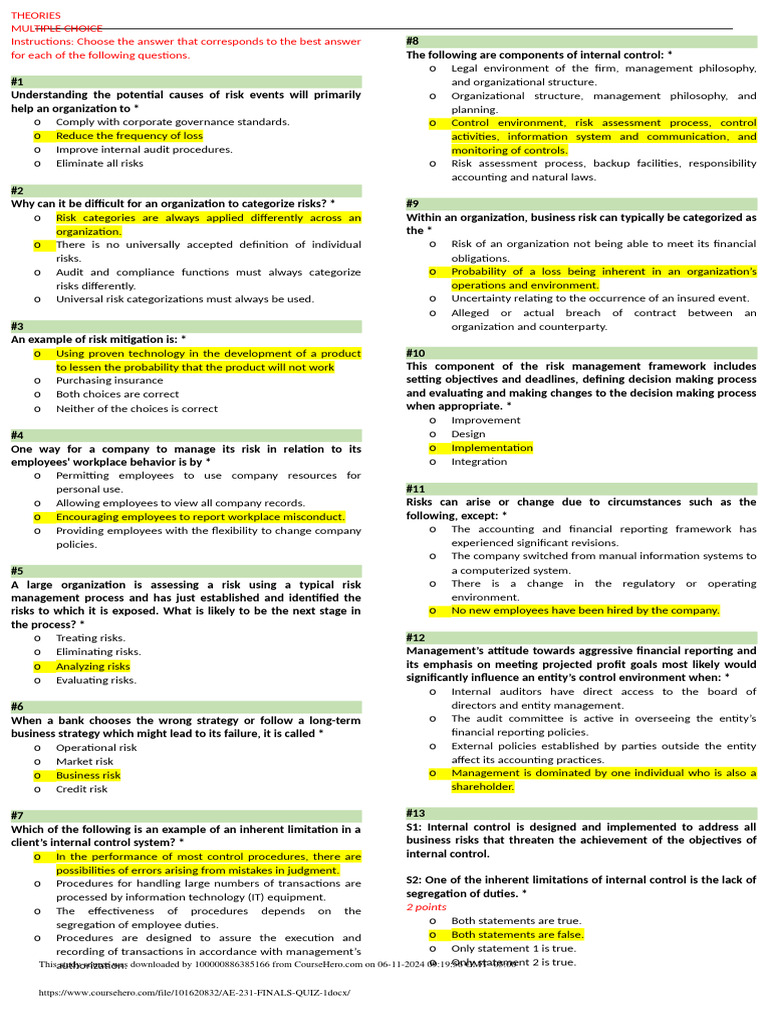 Ae 231 Finals Quiz 1 | PDF | Risk | Internal Control