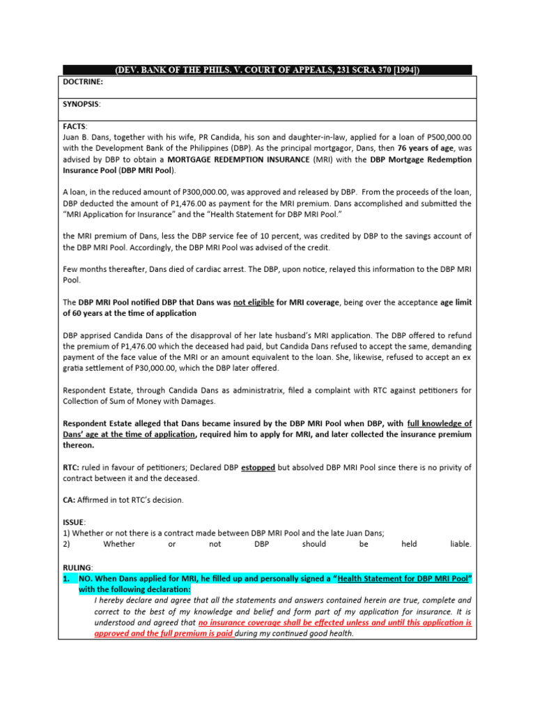 DBP Liability in Mortgage Redemption Insurance Case | PDF | Insurance ...