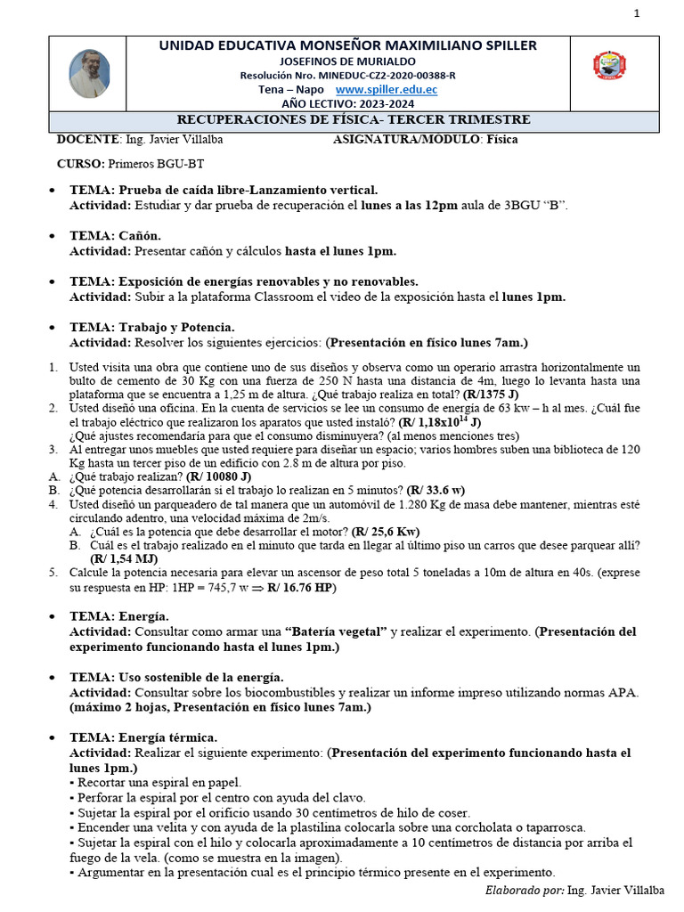 Recuperaciones f Sica 1bgu Bt 3t 2024 | PDF | Calor | Temperatura