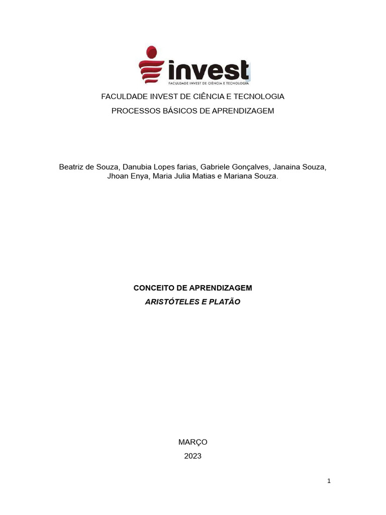 Trabalho Digitado - Conceito de Aprendizagem FORMATADO | PDF | Aristóteles | Platão