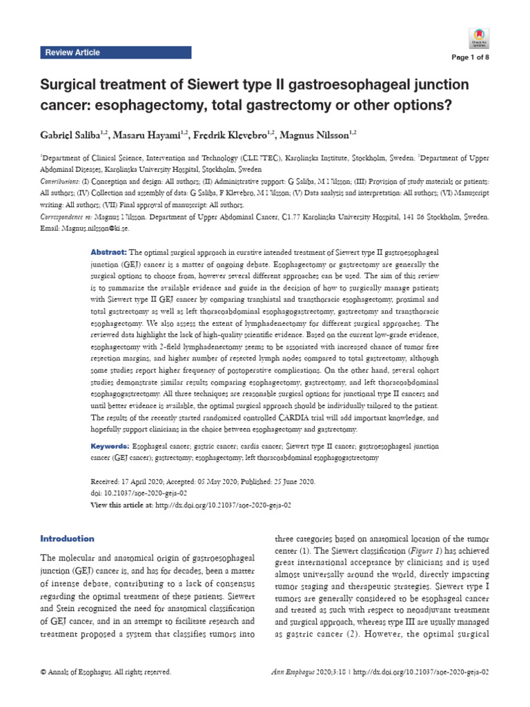 Surgical Treatment of Siewert Type II Gastroesophageal Junction Cancer ...