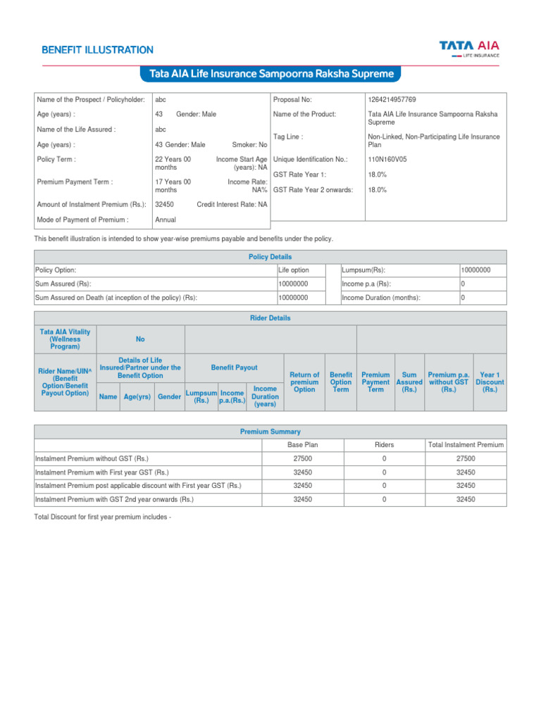 Tata AIA Life Insurance Policy Details | PDF | Insurance | Life Insurance
