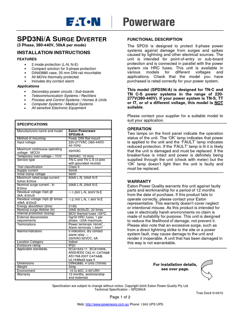 Eaton-SPD3Ni-Technical-Specification | Download Free PDF | Power ...