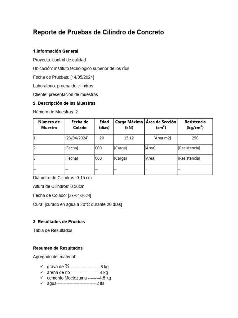 Reporte de Pruebas de Cilindro de Concreto (Recuperado) | PDF