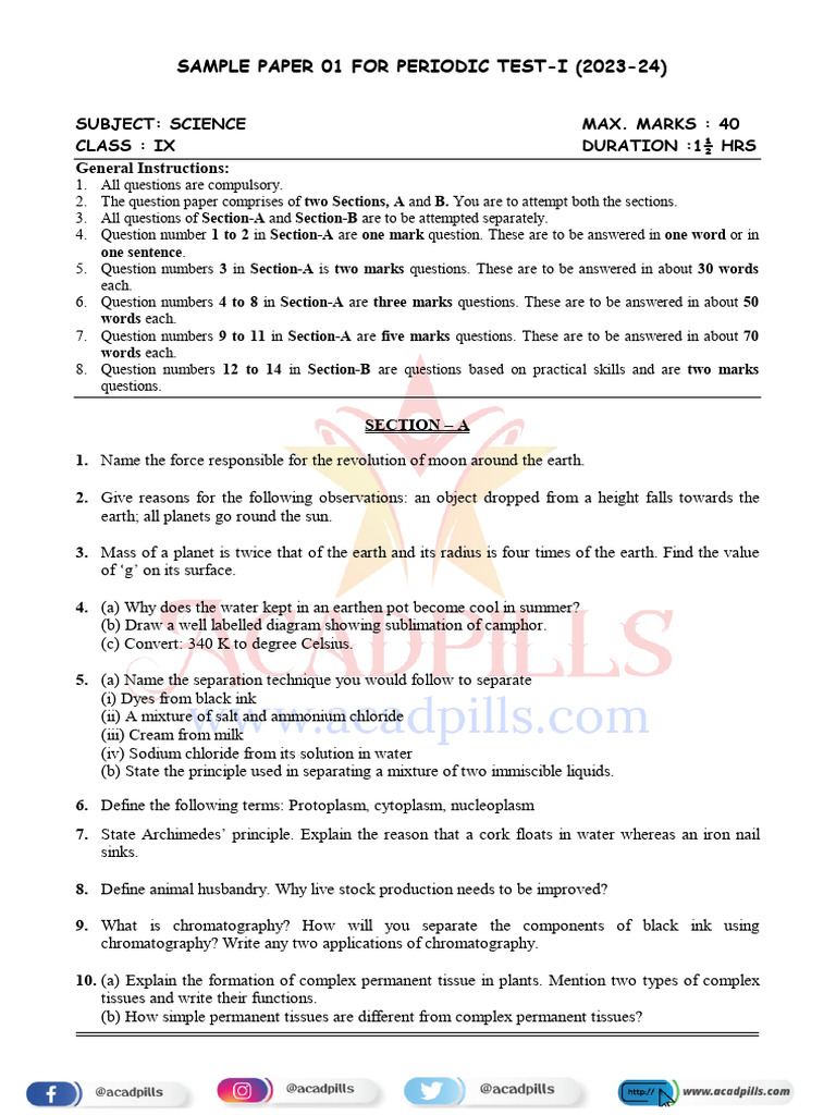 Class 9 Science Periodic Test 1 Sample | PDF | Force | Acceleration