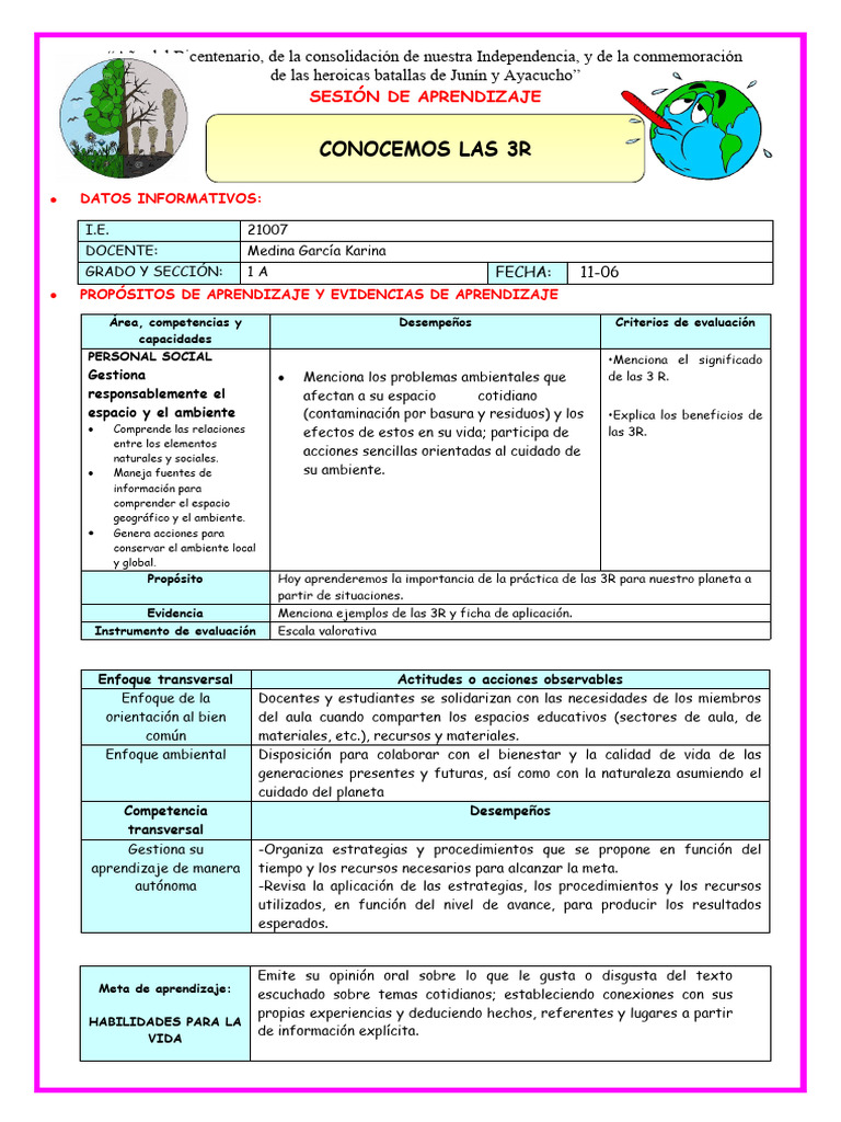 1º U3 S5 Sesion D1 PS Conocemos Las 3R 11-06 | Descargar gratis PDF | Aprendizaje | Evaluación