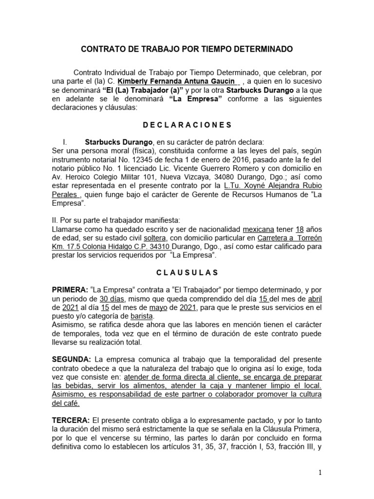 Contrato de Trabajo Por Tiempo Determinado Kimberly | PDF | Derecho laboral