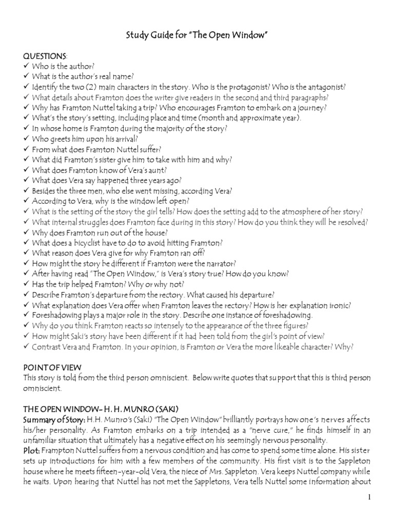 The Open Window - Study Guide | PDF | Saki | Narration