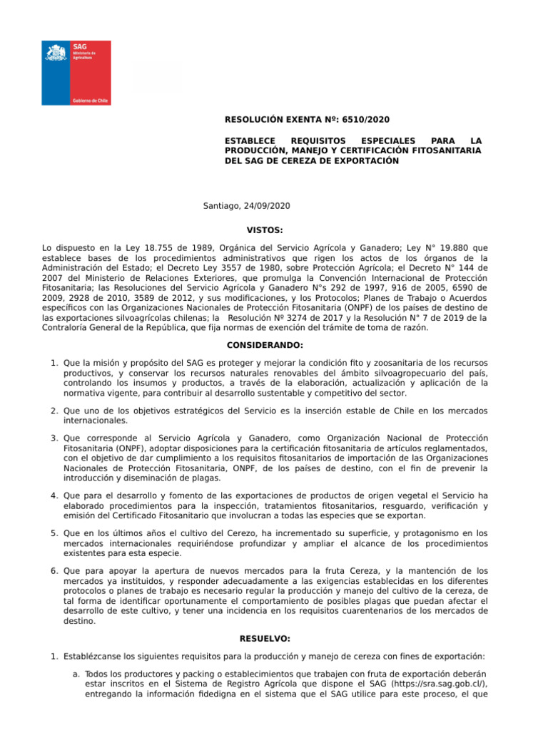 Requisitos Fitosanitarios Cereza Exportación | PDF | Agricultura