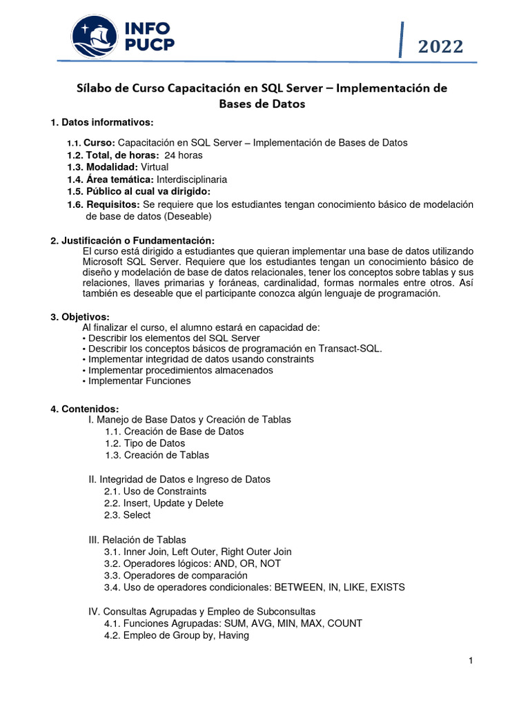 Silabo SQL Server - Implementación de Bases de Datos 2022 | PDF | SQL | Servidor SQL de Microsoft