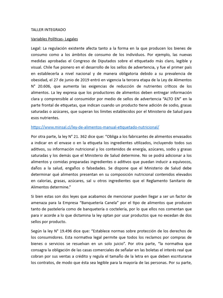 TALLER INTEGRADO PESTEL | Descargar gratis PDF | Alimentos