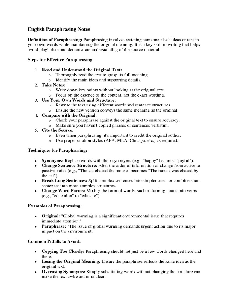 English Paraphrasing Notes | PDF | Word | Reading Comprehension