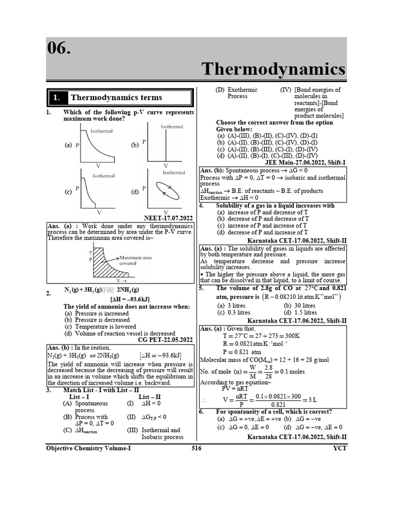 YCT Thermodynamics NEET JEE Practice Questions. | PDF | Chemical ...