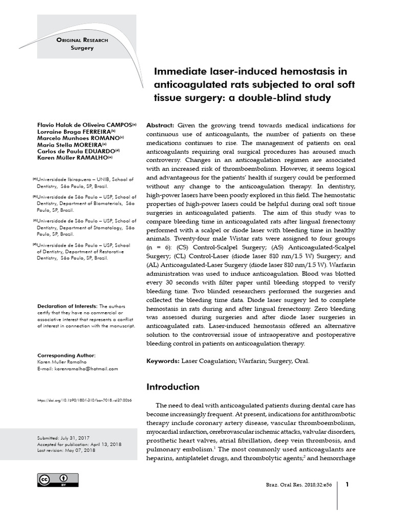 Immediate Laser-Induced Hemostasis in Anticoagulated Rats Subjected To ...