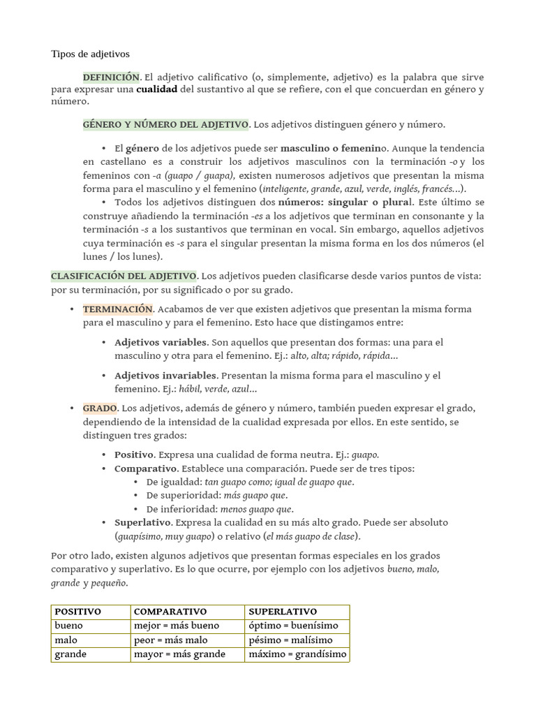 Adjetivo y Sus Clases Imprimir | PDF | Adjetivo | Género gramatical