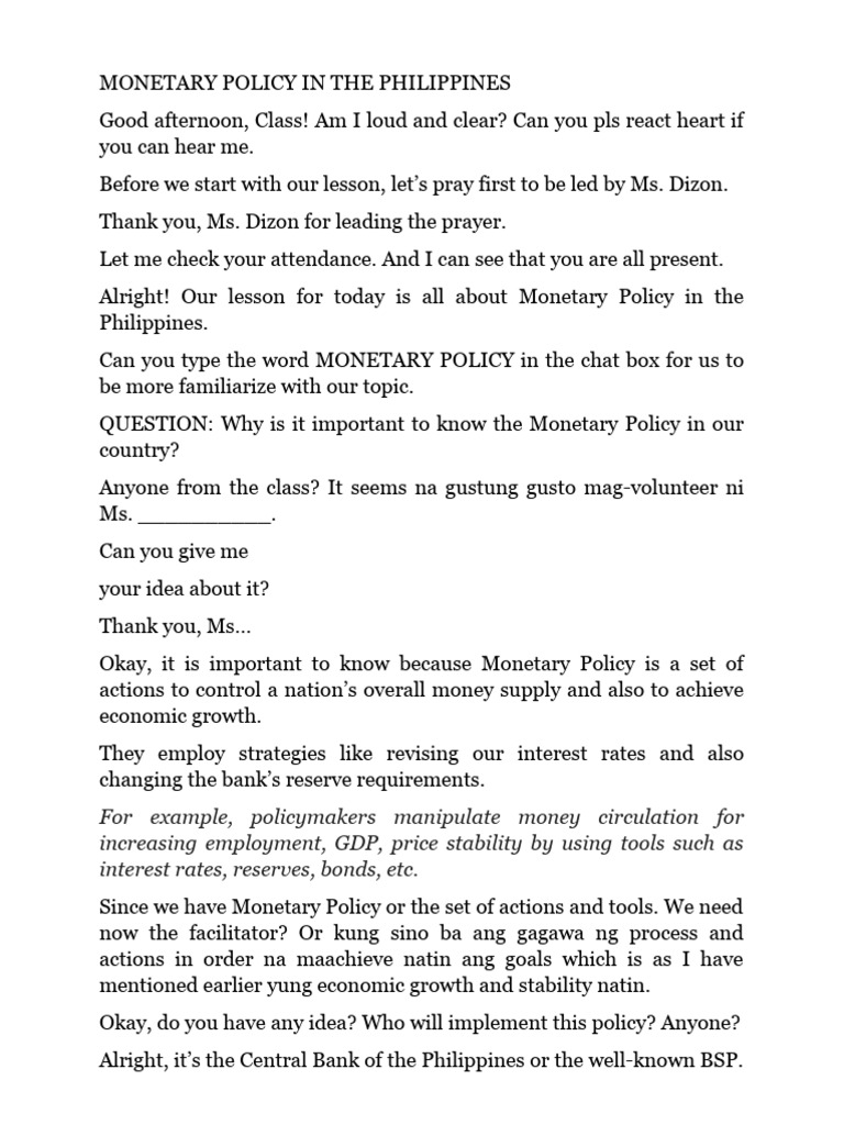 MONETARY POLICY IN THE PHILIPPINES Lecture | PDF | Inflation | Monetary ...