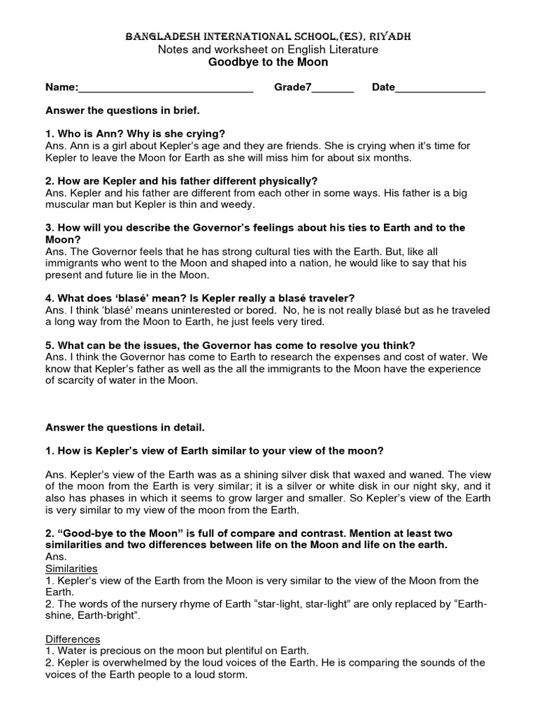 Goodbye To The Moon WS GR 7 EL | PDF | Moon | Earth