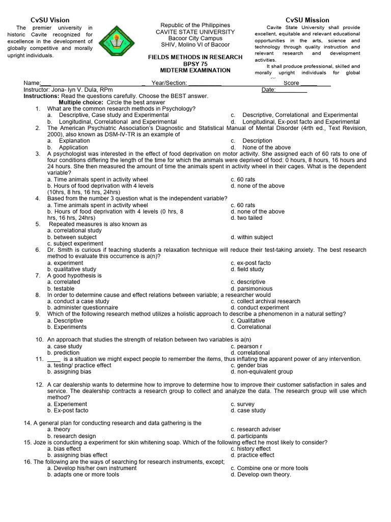 BLANK Field Methods Midterm Examination Final Sy 2023-2024 | PDF | Sampling (Statistics ...