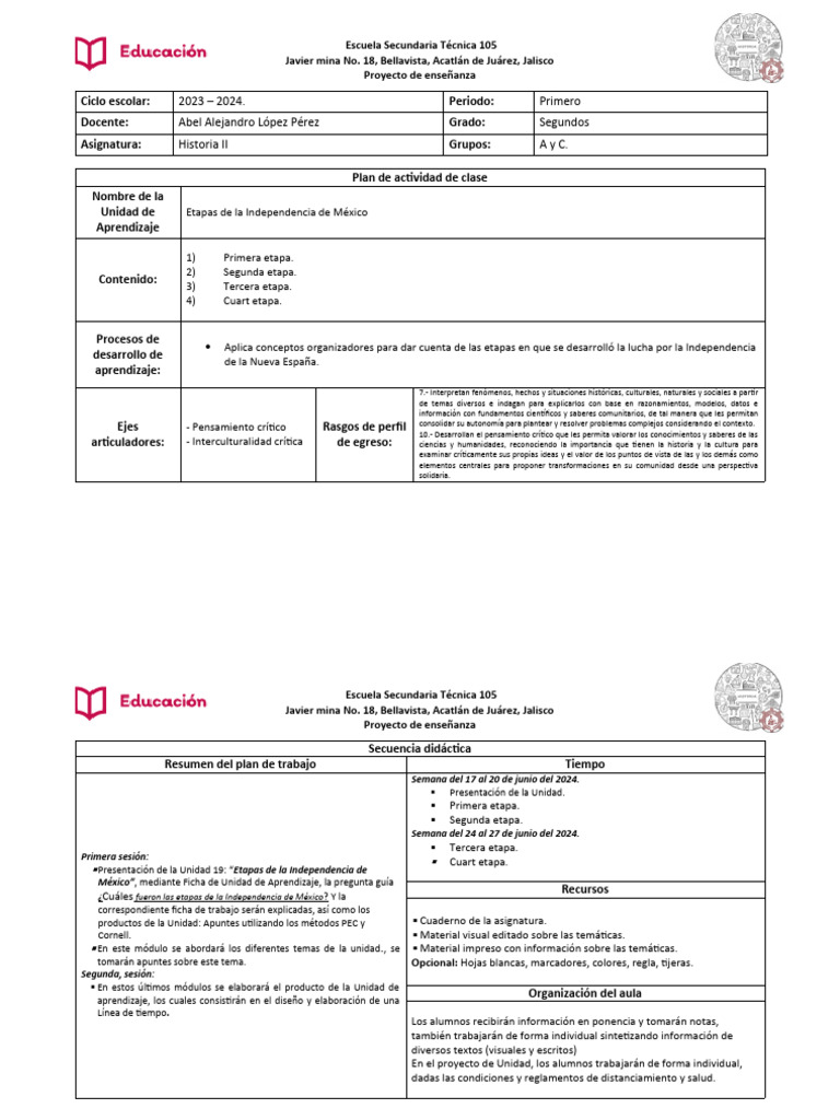 UA19 Etapas de La Independencia de México | PDF | Enseñando | Aprendizaje