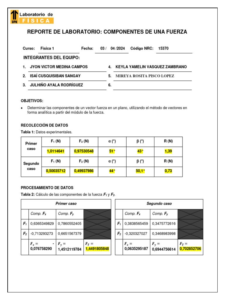 Reporte Lab Fisi1 S02 CF 202408 | PDF | Vector Euclidiano | Fuerza