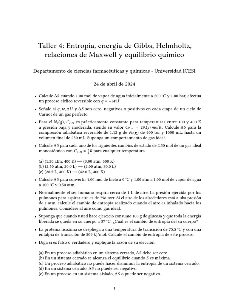 Taller 3 Eq Químico | PDF | Entropía | Gases