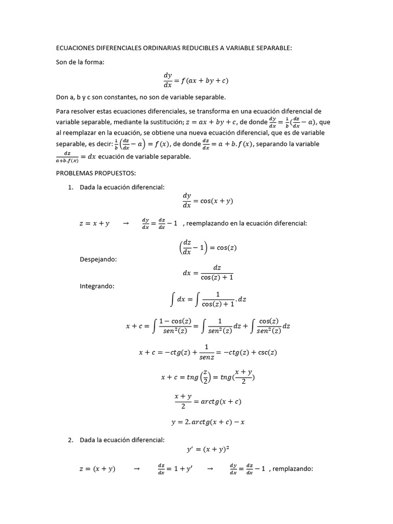 Ecuaciones Diferenciales Ordinarias Reducibles A Variable Separable | PDF | Ecuaciones | Integral
