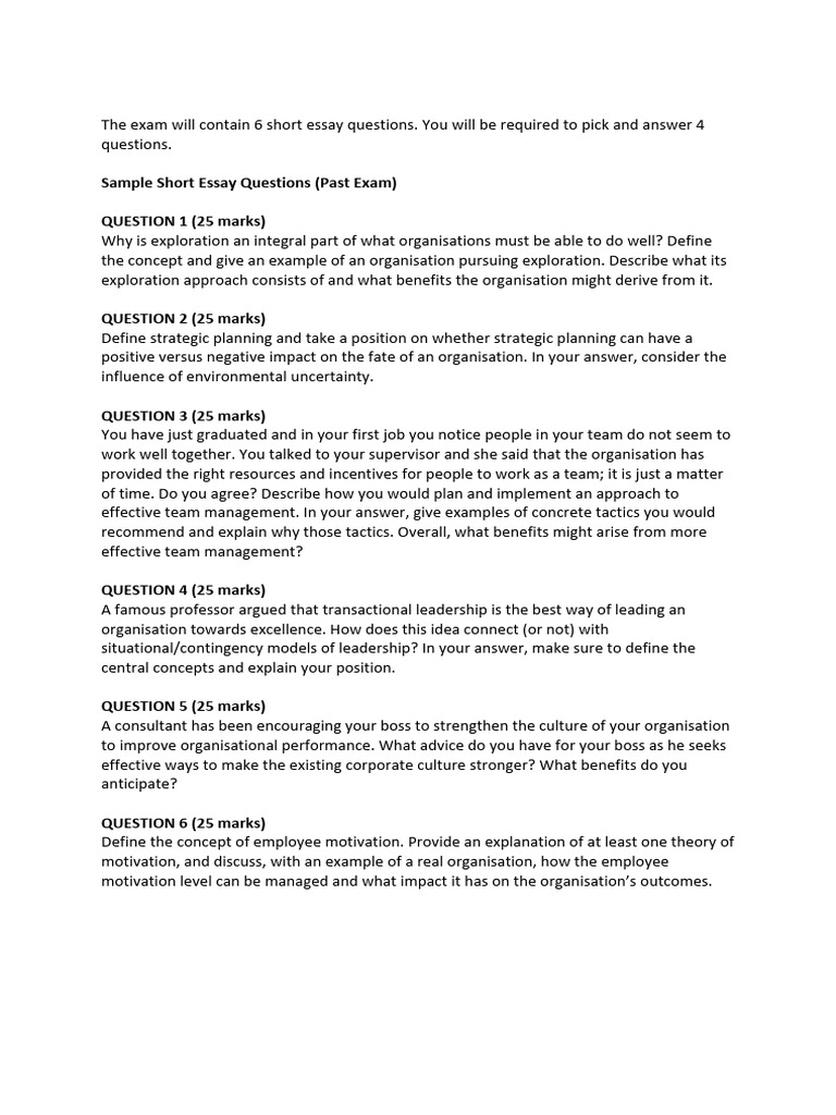 Sample Short Essay Questions - Past Exam | PDF