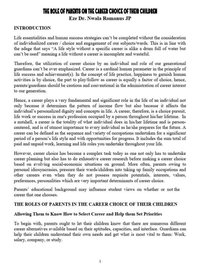 The Role Of Parents On The Career Choice Of Their Children Download