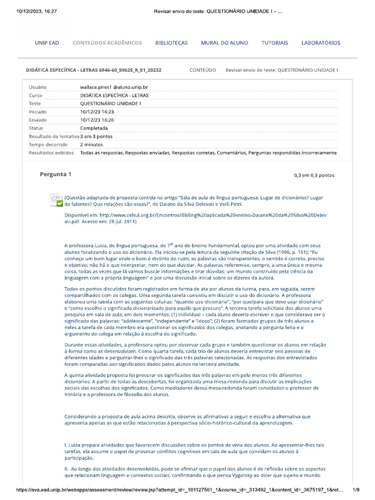 DIDÁTICA ESPECÍFICA - Questionário Unidade I - Respondido | PDF
