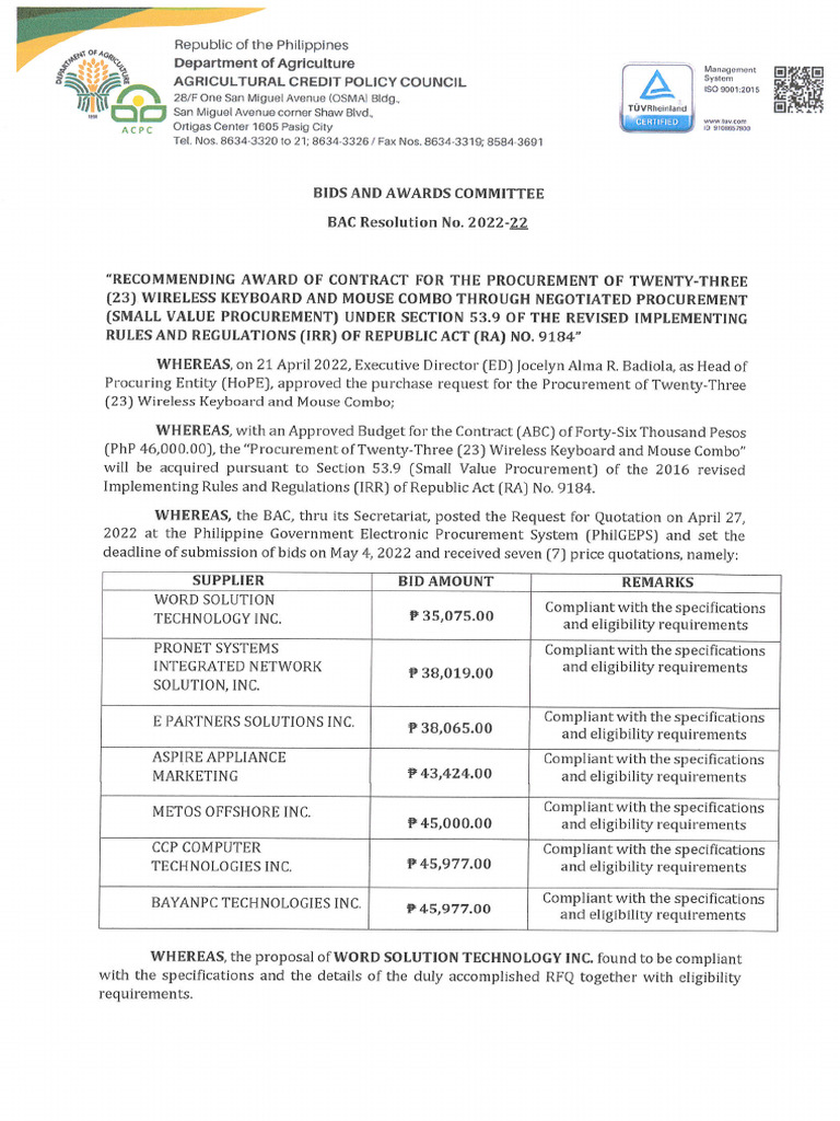 Bac Resolution No. 2022 22 Recommending Award of Contract For The ...