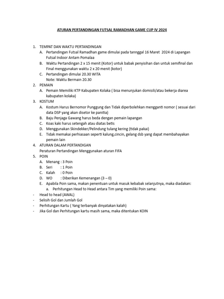 Aturan Pertandingan Futsal Ramadhan Game Cup Iv 2024 | PDF