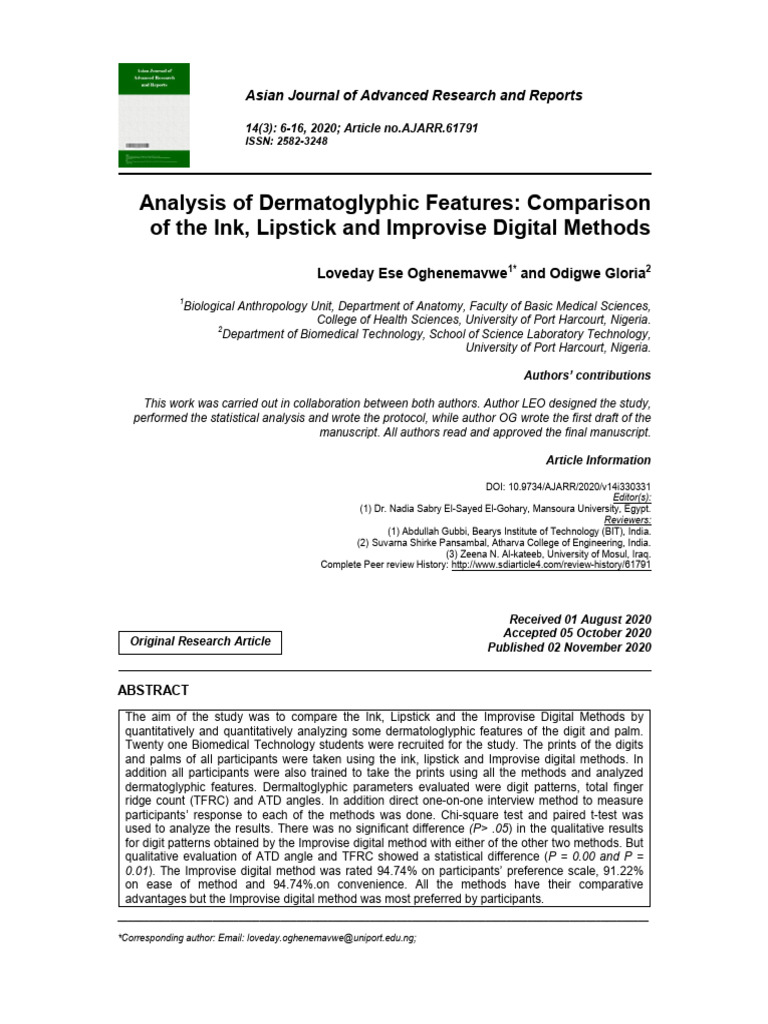Analysis of Dermatoglyphic Features Comp | PDF | Hand | P Value