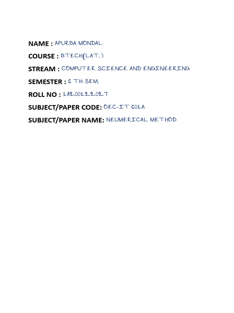 Numerical Methods Assignment Worksheet | PDF