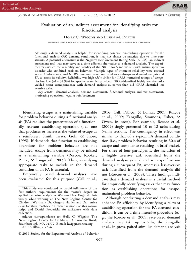 J of App Behav Analysis - 2019 - Wiggins - Evaluation of an indirect assessment for identifying ...