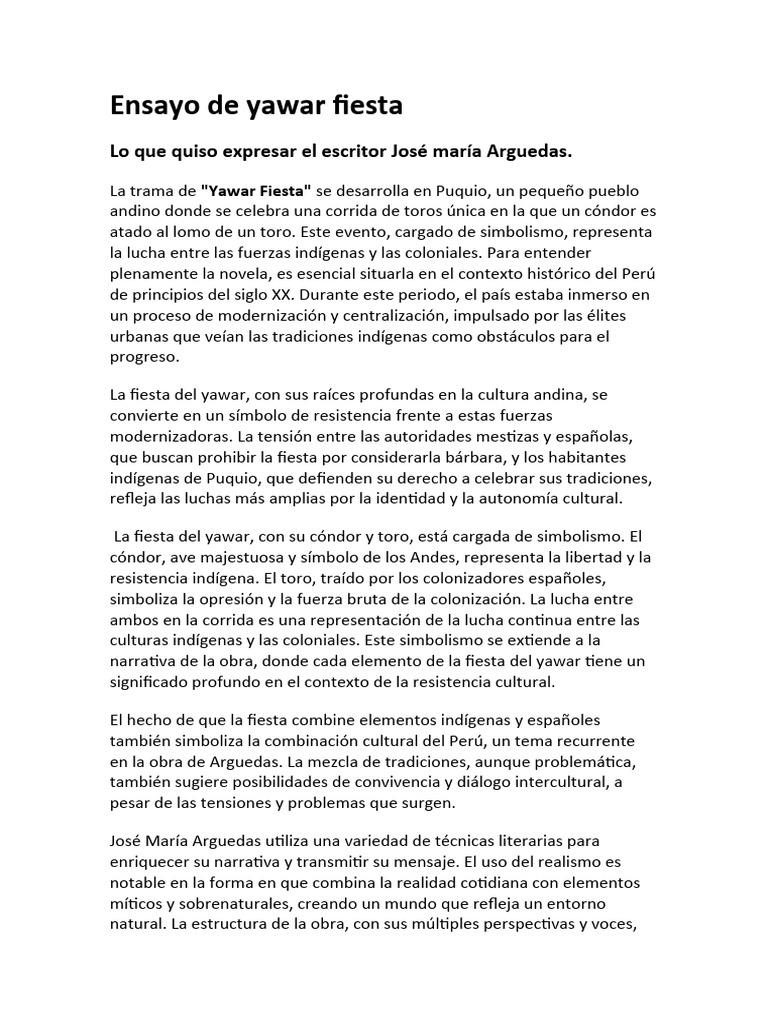 Ensayo de Yawar Fiesta | PDF