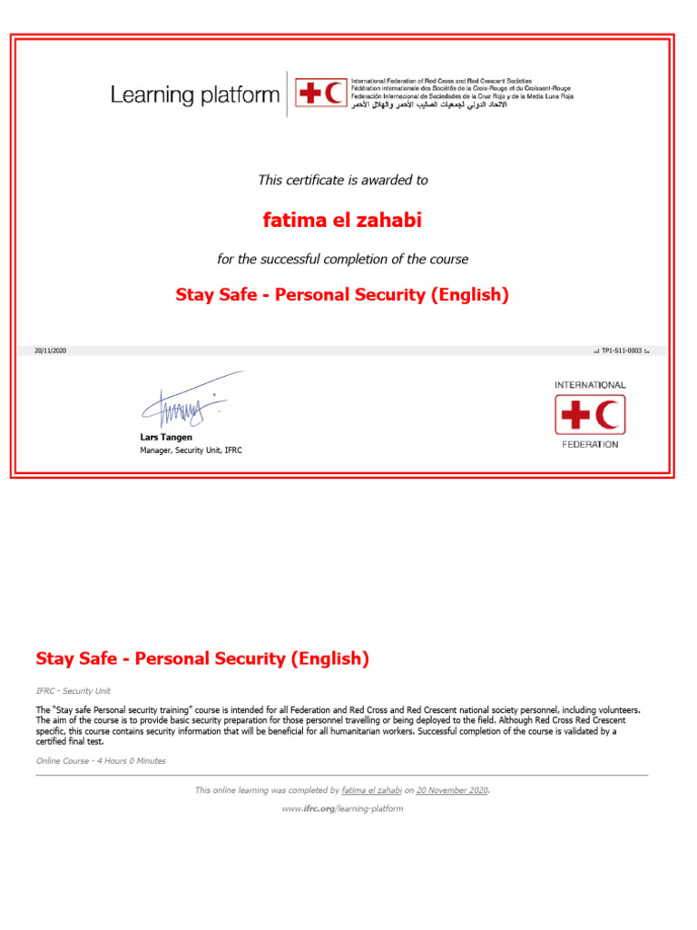 IFRC Stay Safe Training Certificate | PDF | Business | Finance & Money ...