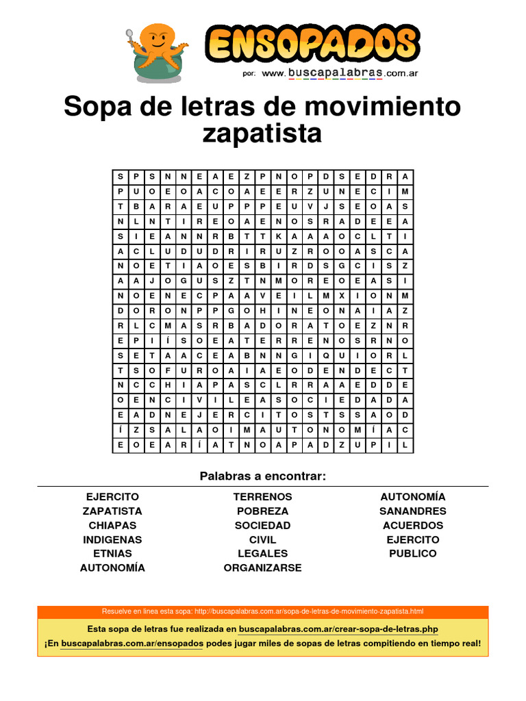 Sopa de Letras de Movimiento Zapatista | Descargar gratis PDF | Movimientos sociales | Gente ...