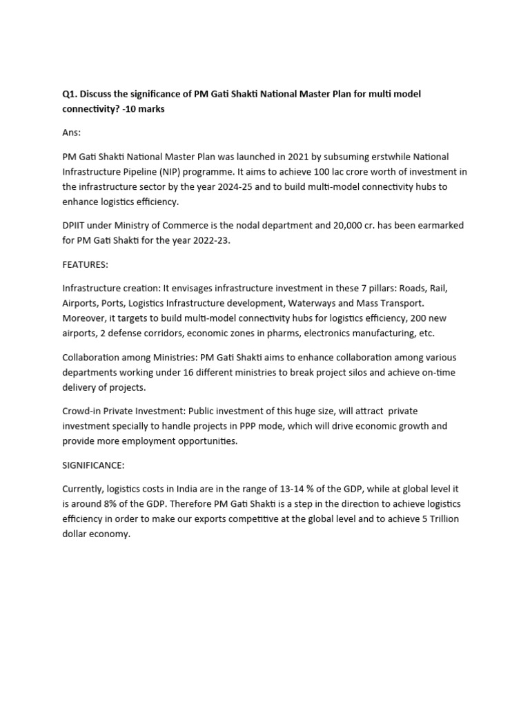 Q1. Discuss The Significance of PM Gati Shakti National Master Plan For ...