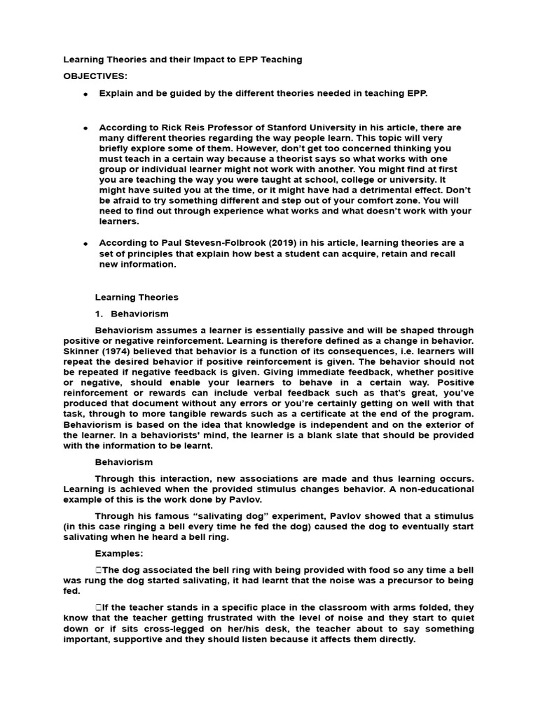 Learning Theories and Their Impact To EPP Teaching | PDF ...